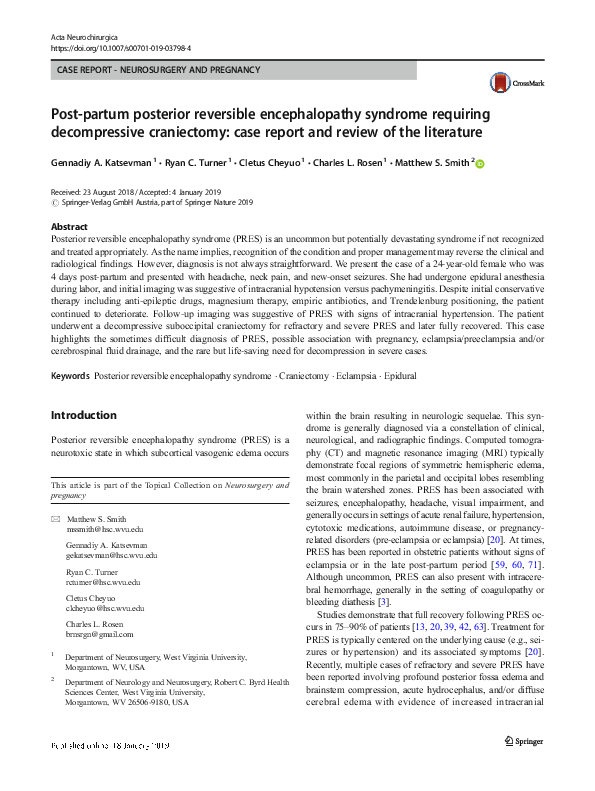 (PDF) Post-partum posterior reversible encephalopathy syndrome ...