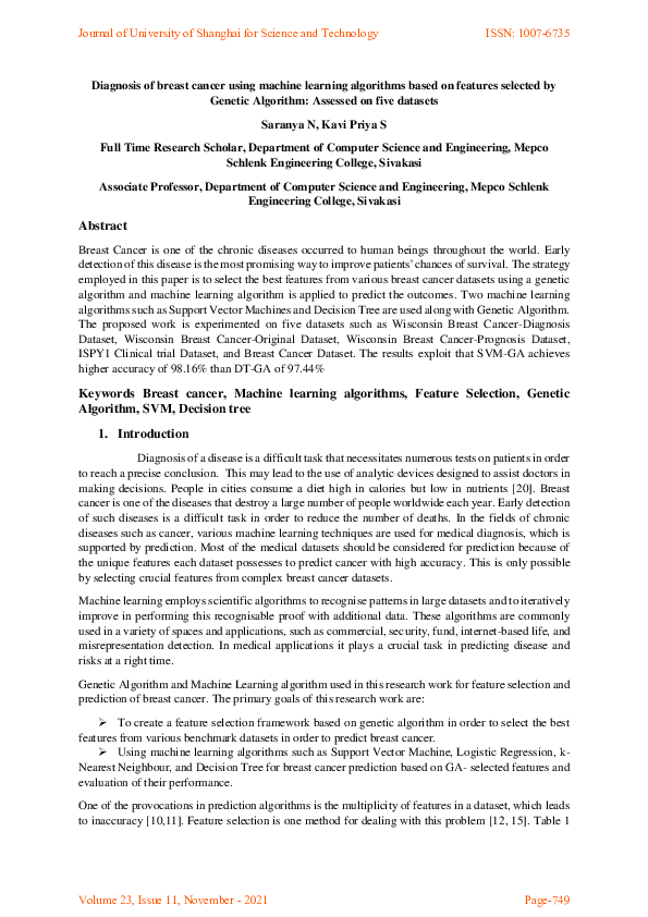 (PDF) Diagnosis of breast cancer using machine learning algorithms ...