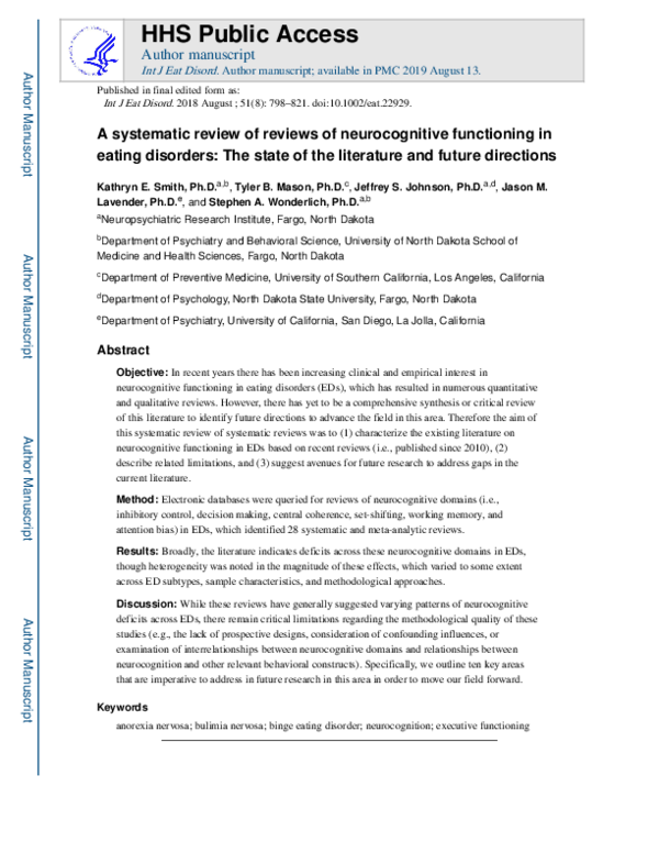 Pdf A Systematic Review Of Reviews Of Neurocognitive Functioning In Eating Disorders The
