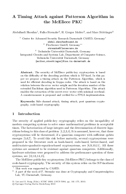 (PDF) A Timing Attack against Patterson Algorithm in the McEliece PKC