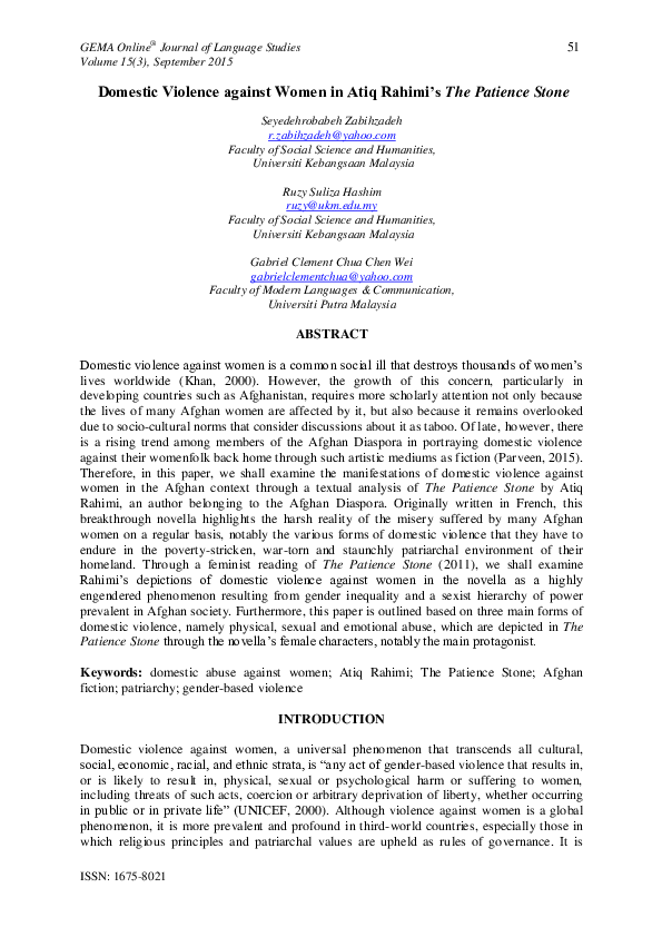 (PDF) Domestic Violence against Women in Atiq Rahimi’s The Patience ...
