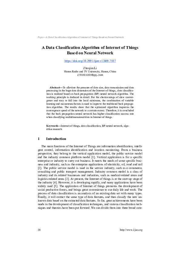 Pdf A Data Classification Algorithm Of Internet Of Things Based On