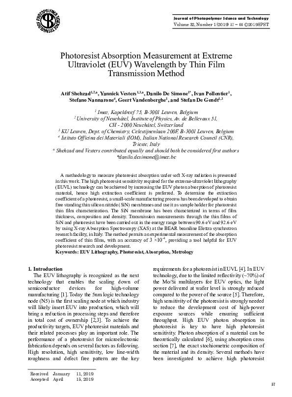 (PDF) Photoresist Absorption Measurement at Extreme Ultraviolet (EUV ...