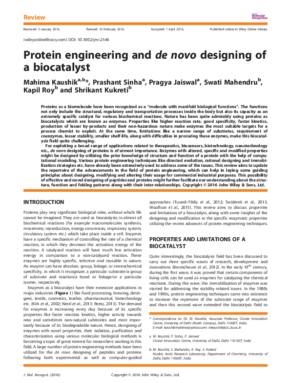 (PDF) Protein engineering andde novodesigning of a biocatalyst
