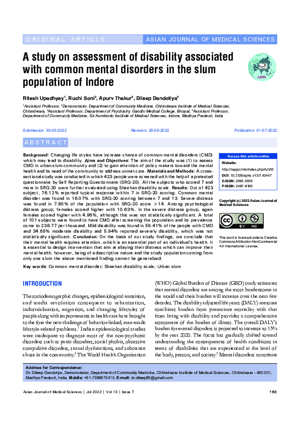 (PDF) A study on assessment of disability associated with common mental ...