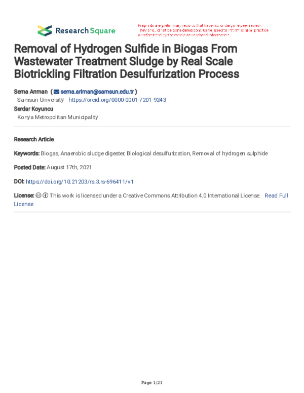 (PDF) Removal of Hydrogen Sulfide in Biogas From Wastewater Treatment ...