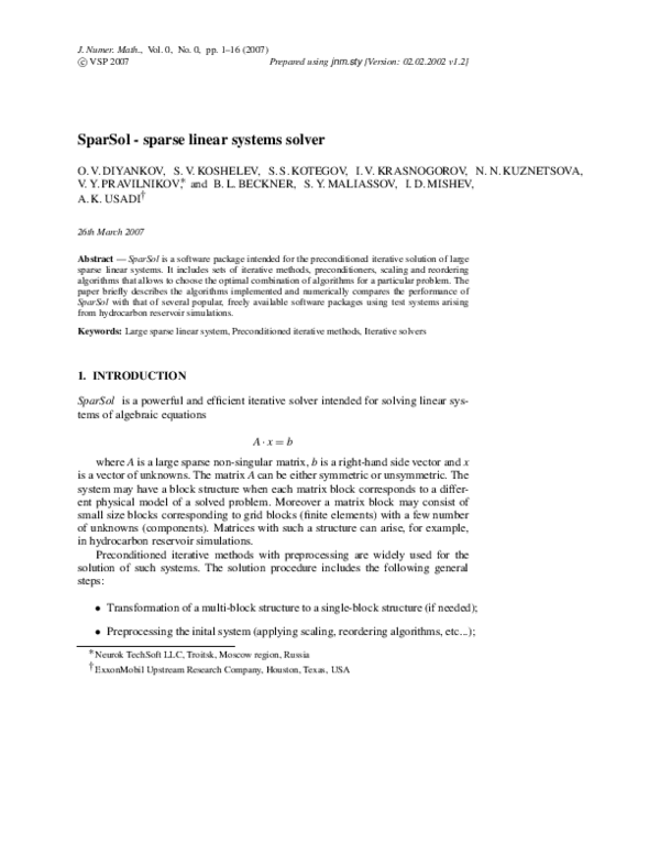 (PDF) SparSol: sparse linear systems solver