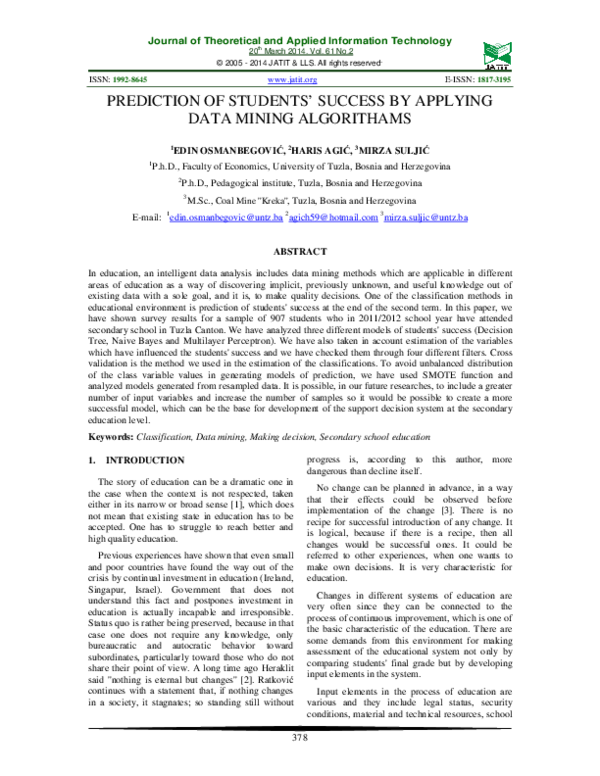 (PDF) Prediction of students' success by applying data mining algorithams