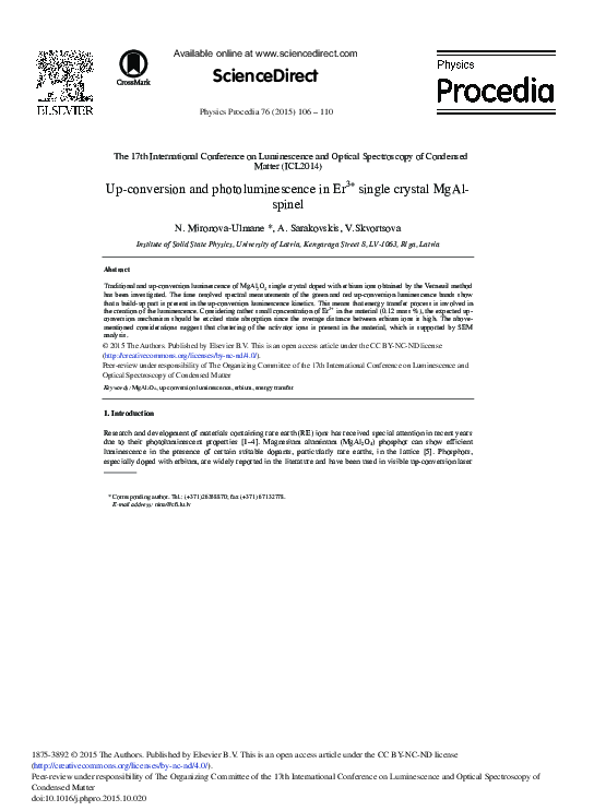 (PDF) Up-conversion and Photoluminescence in Er3+ Single Crystal MgAl ...