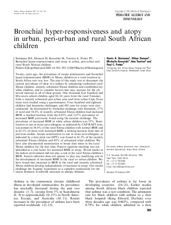 (PDF) Bronchial hyper-responsiveness and atopy in urban, peri-urban and ...