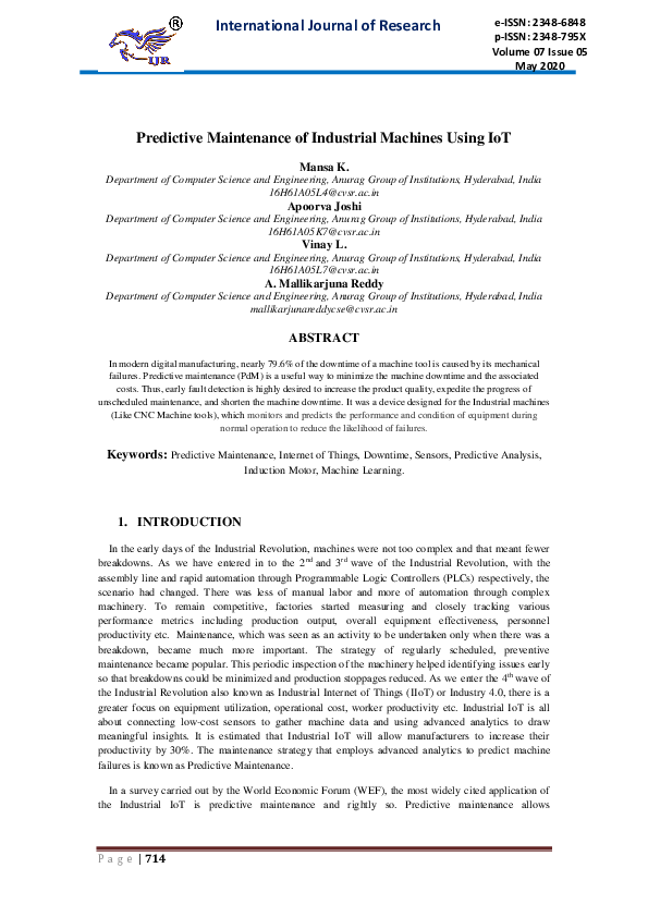 (PDF) Predictive Maintenance of Industrial Machines Using IoT
