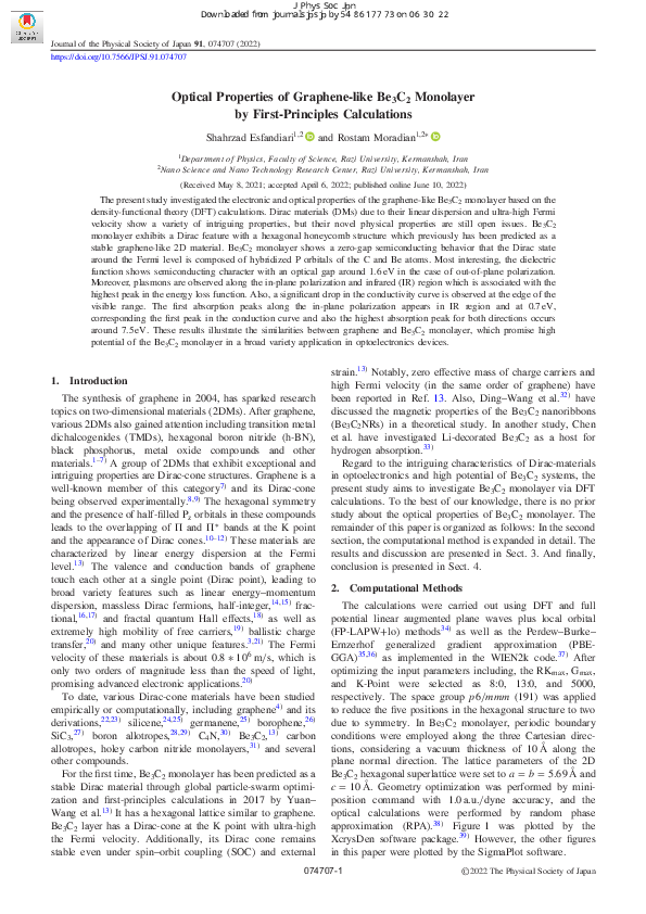 (PDF) Optical Properties of Graphene-like Be3C2 Monolayer by First-Principles Calculations