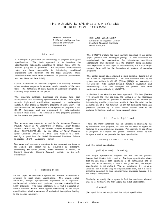 Pdf The Automatic Synthesis Of Systems Of Recursive Programs