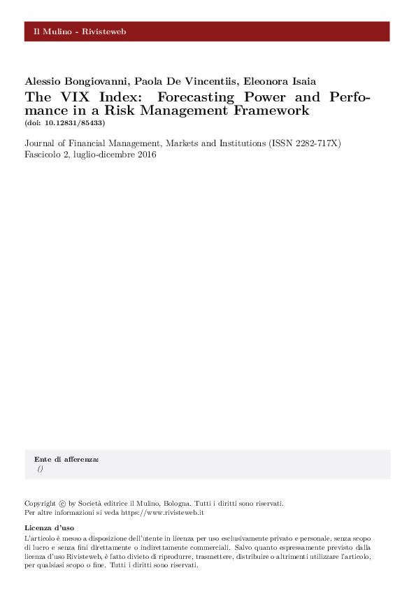 (PDF) The VIX Index: Forecasting Power and Perfomance in a Risk Management Framework