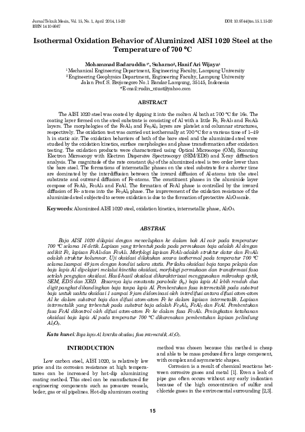 (PDF) Isothermal Oxidation Behavior of Aluminized AISI 1020 Steel at the Temperature of 700 OC