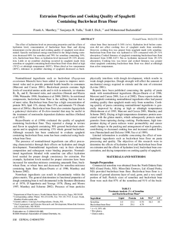 (PDF) Extrusion Properties and Cooking Quality of Spaghetti Containing Buckwheat Bran Flour