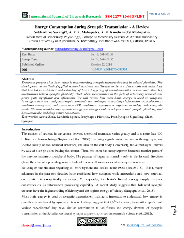(PDF) Energy Consumption During Synaptic Transmission: A Review