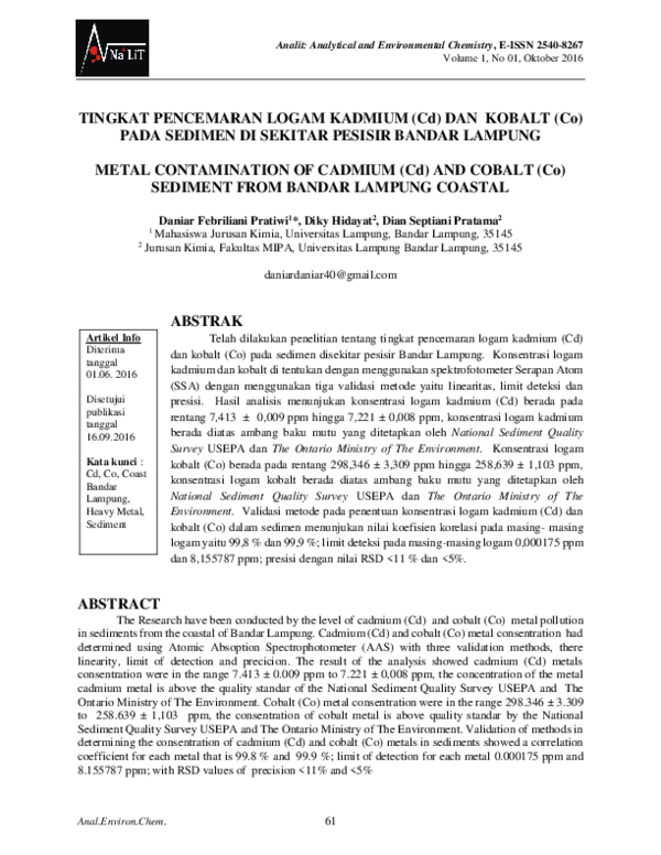 (PDF) TINGKAT PENCEMARAN LOGAM KADMIUM (Cd) DAN KOBALT (Co) PADA ...