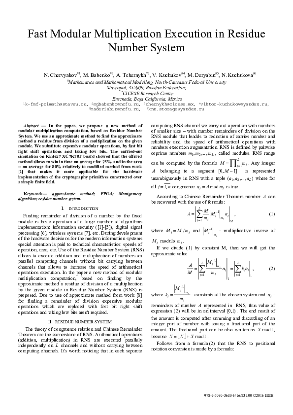 Pdf Fast Modular Multiplication Execution In Residue Number System Andrei Tchernykh