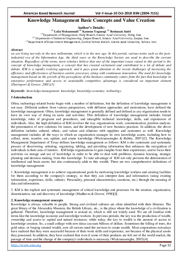 (PDF) Knowledge Management: Concepts and Value