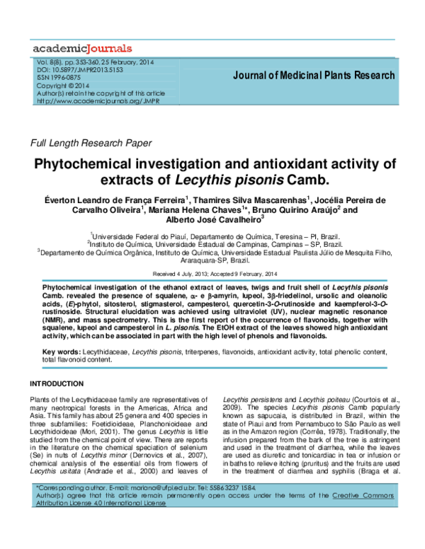 (PDF) Phytochemical investigation and antioxidant activity of extracts of Lecythis pisonis Camb