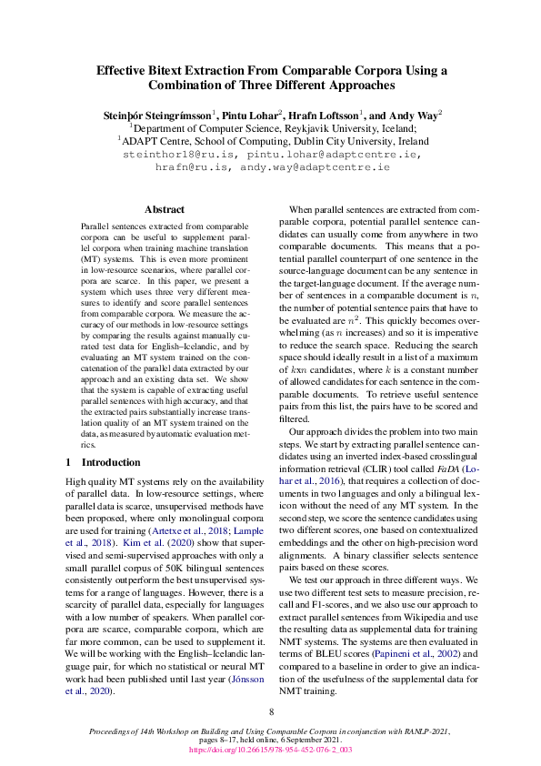 Pdf Effective Bitext Extraction From Comparable Corpora Using A Combination Of Three Different