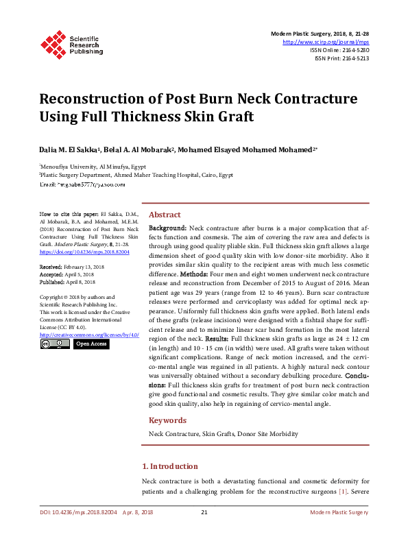 (PDF) Reconstruction of Post Burn Neck Contracture Using Full Thickness ...