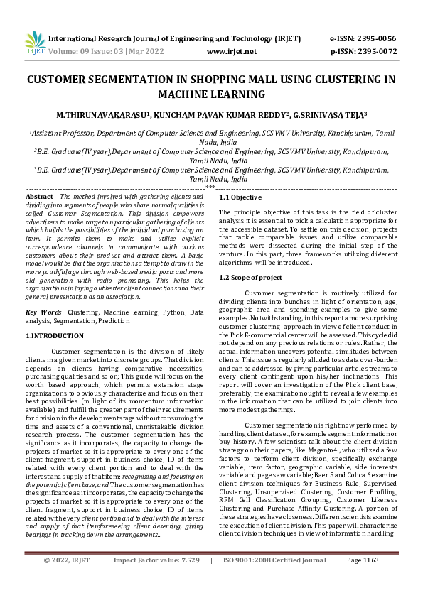 Pdf Customer Segmentation In Shopping Mall Using Clustering In Machine Learning