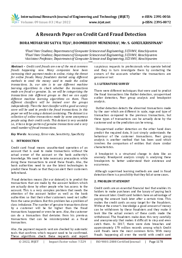 (PDF) A Research Paper on Credit Card Fraud Detection