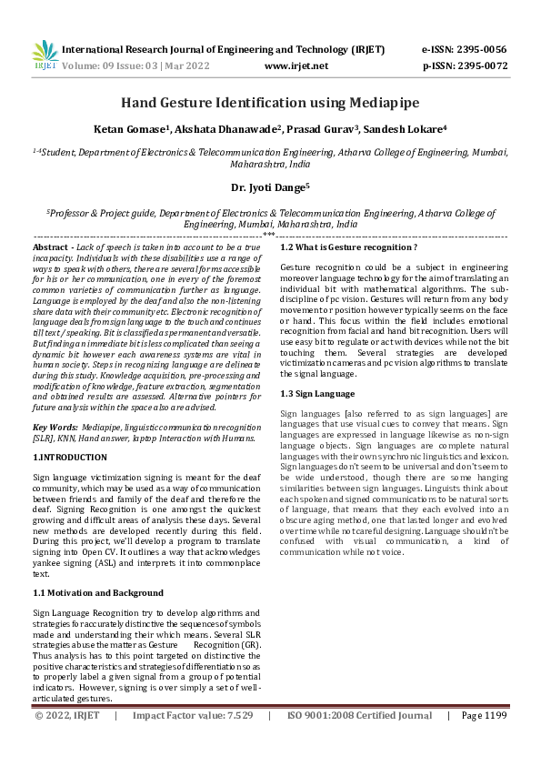 (PDF) Hand Gesture Identification using Mediapipe