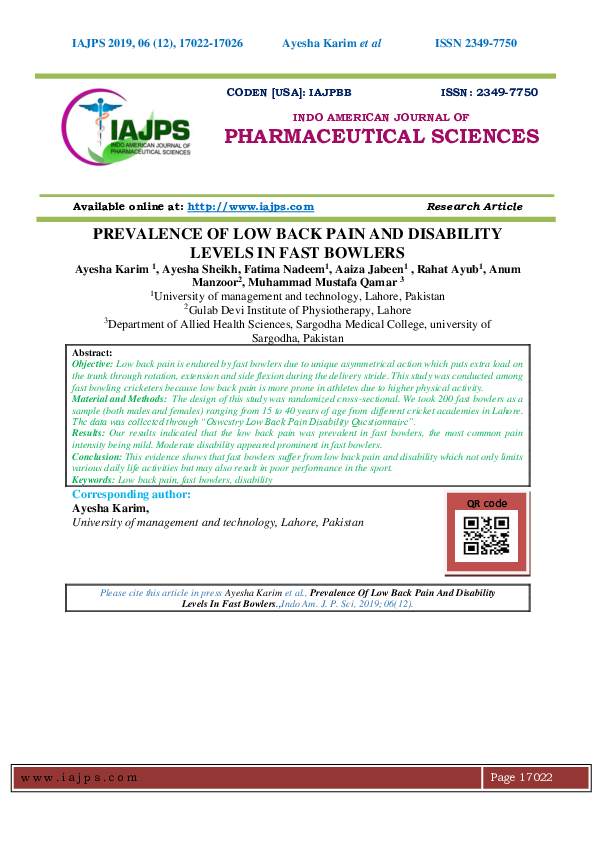 (PDF) Prevalence of Low Back Pain and Disability Levels in Fast Bowlers