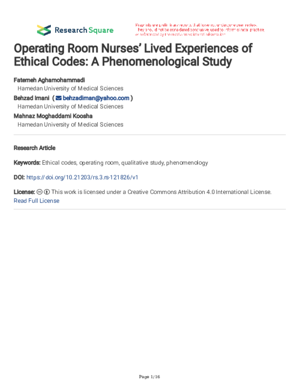 (PDF) Operating Room Nurses’ Lived Experiences of Ethical Codes: A Phenomenological Study