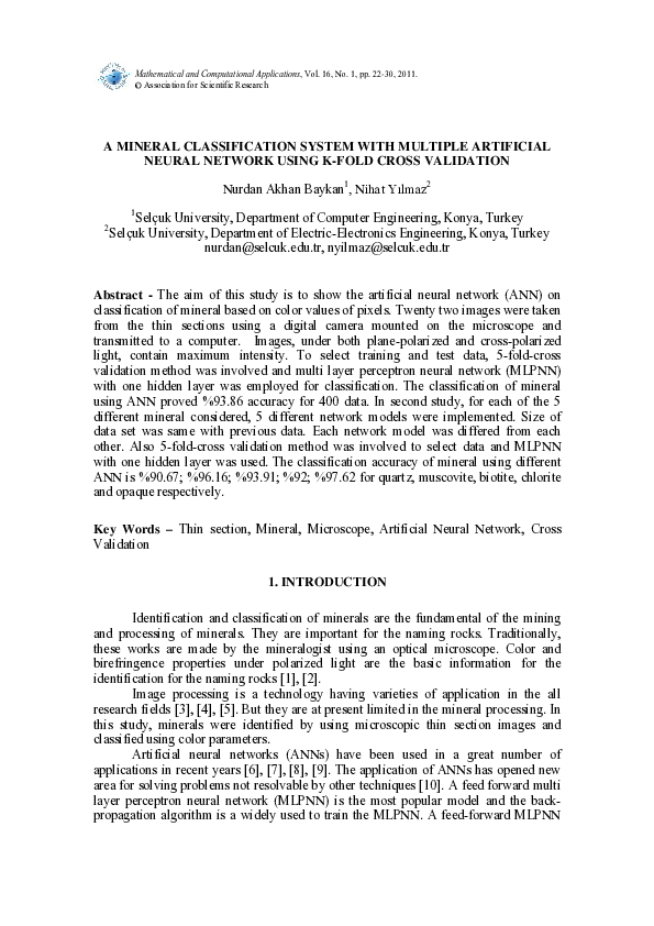 (PDF) A Mineral Classification System with Multiple Artificial Neural Network Using K-Fold Cross ...