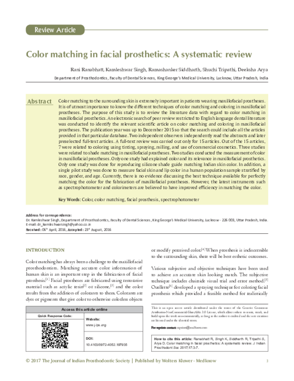 (PDF) Color matching in facial prosthetics: A systematic review