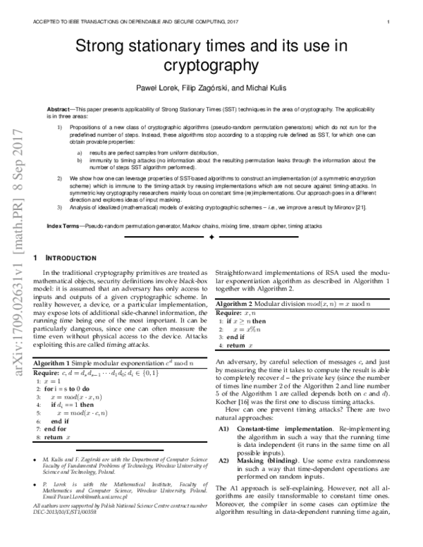 (PDF) Strong Stationary Times and its use in Cryptography