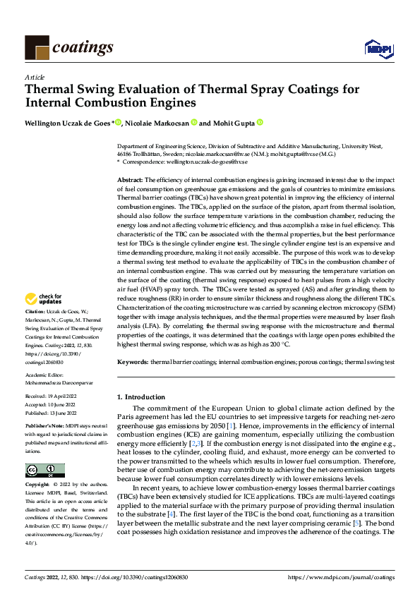 (PDF) Thermal Swing Evaluation of Thermal Spray Coatings for Internal ...
