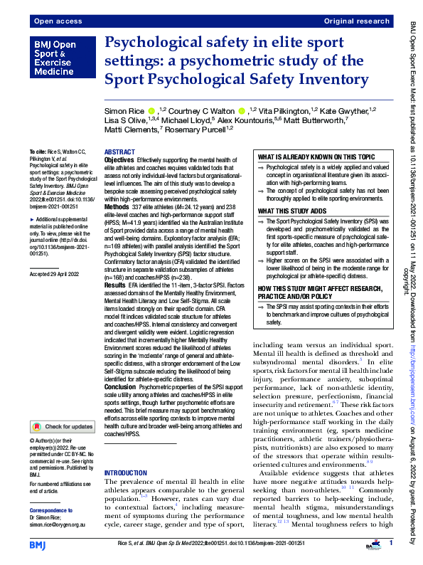 (PDF) Psychological safety in elite sport settings: a psychometric study of the Sport ...