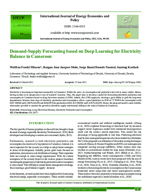 Pdf Demand Supply Forecasting Based On Deep Learning For Electricity Balance In Cameroon