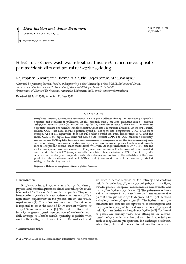(PDF) Petroleum refinery wastewater treatment using rGo-biochar ...
