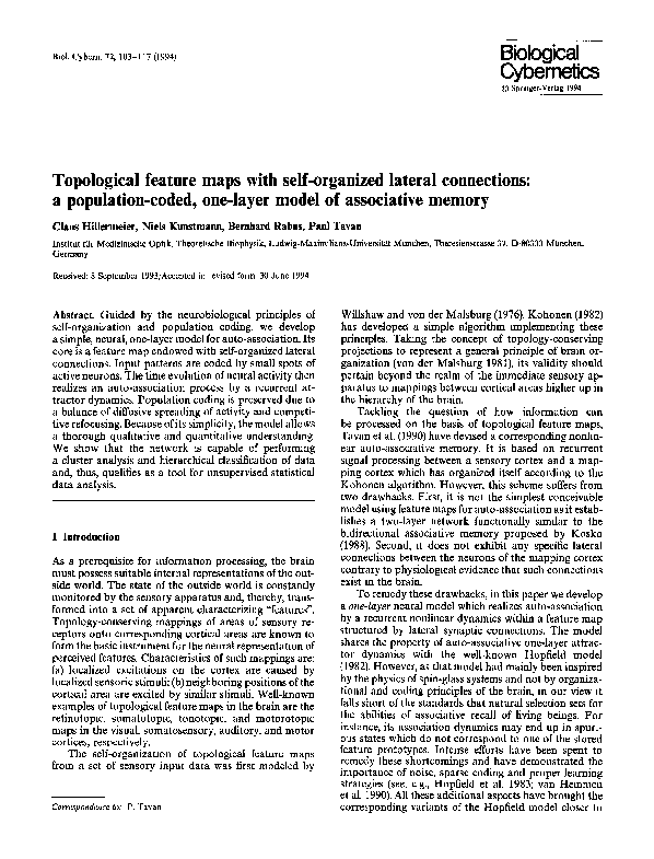 (PDF) Topological feature maps with self-organized lateral connections: a population-coded, one ...