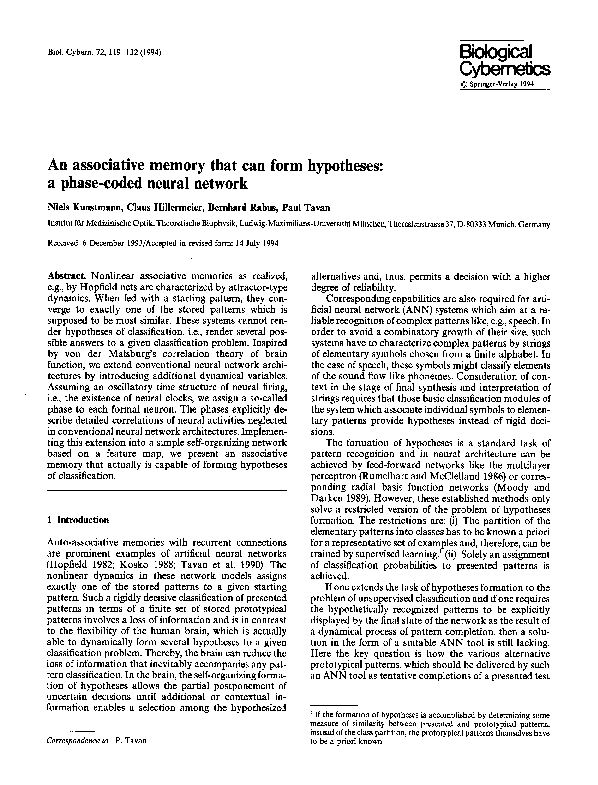 (PDF) An associative memory that can form hypotheses: a phase-coded neural network | paul tavan ...