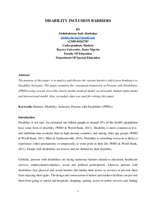 (PDF) DISABILITY INCLUSION BARRIERS