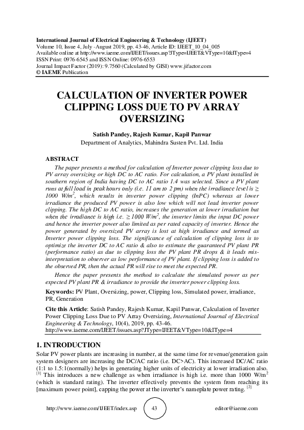 (PDF) Calculation of Inverter Power Clipping Loss Due to PV Array ...