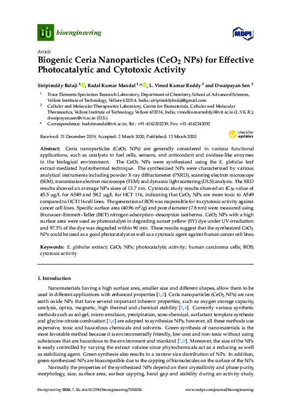 (PDF) Biogenic Ceria Nanoparticles (CeO2 NPs) for Effective ...