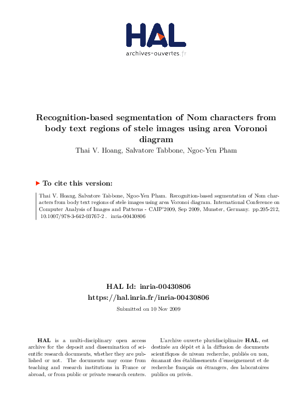 (PDF) Recognition-Based Segmentation of Nom Characters from Body Text Regions of Stele Images ...