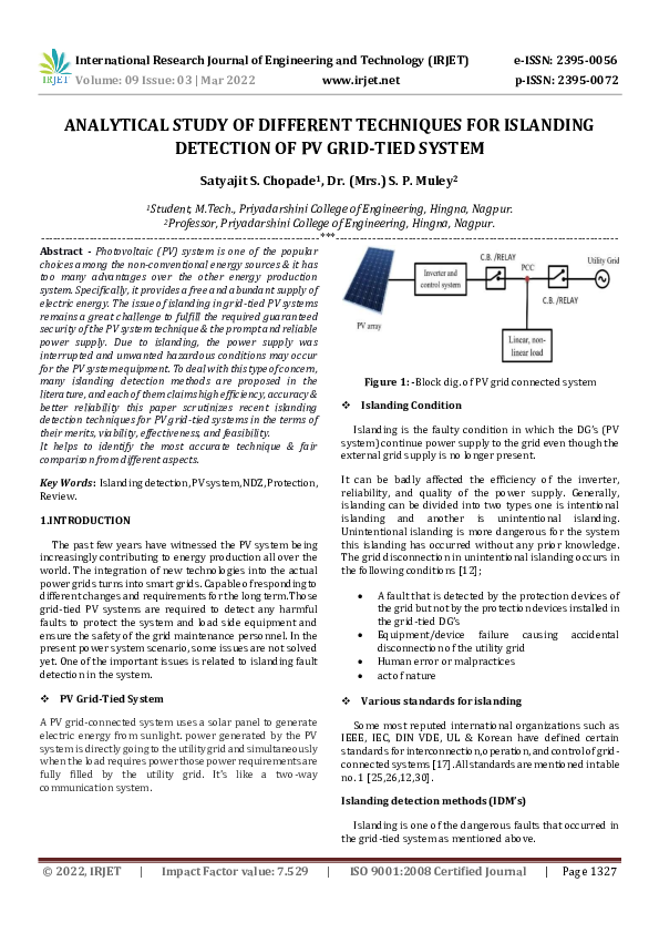 (PDF) ANALYTICAL STUDY OF DIFFERENT TECHNIQUES FOR ISLANDING DETECTION OF PV GRID-TIED SYSTEM