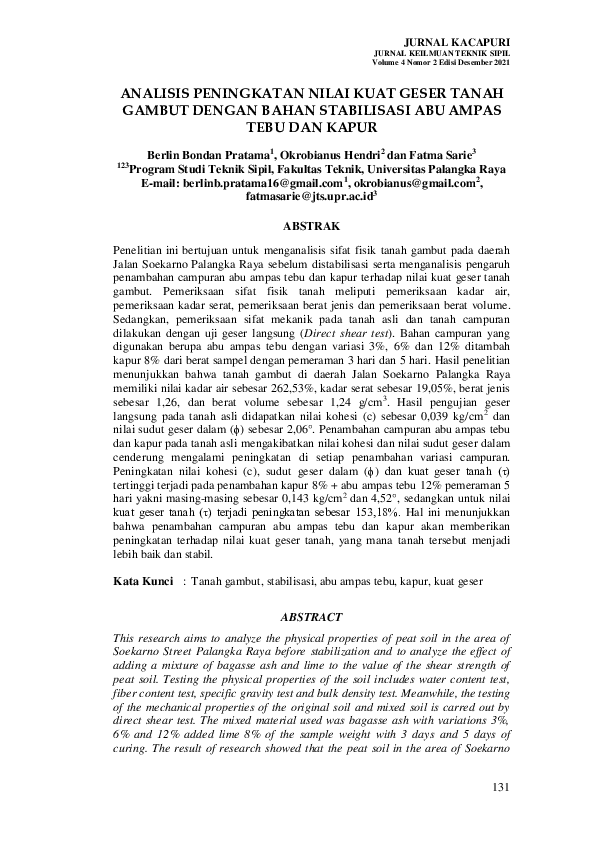 (PDF) Analisis Peningkatan Nilai Kuat Geser Tanah Gambut Dengan Bahan Stabilisasi Abu Ampas Tebu ...