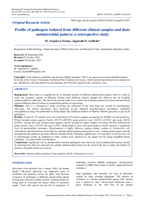Pdf Profile Of Pathogens Isolated From Different Clinical Samples And