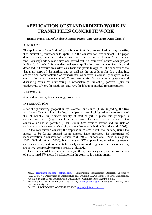 (PDF) Application of Standardized Work in Franki Piles Concrete Work