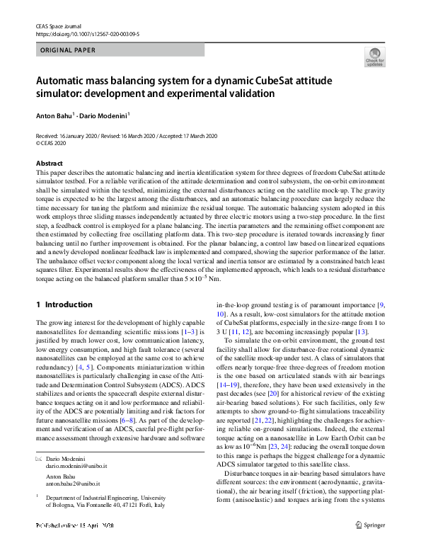 Pdf Automatic Mass Balancing System For A Dynamic Cubesat Attitude Simulator Development And